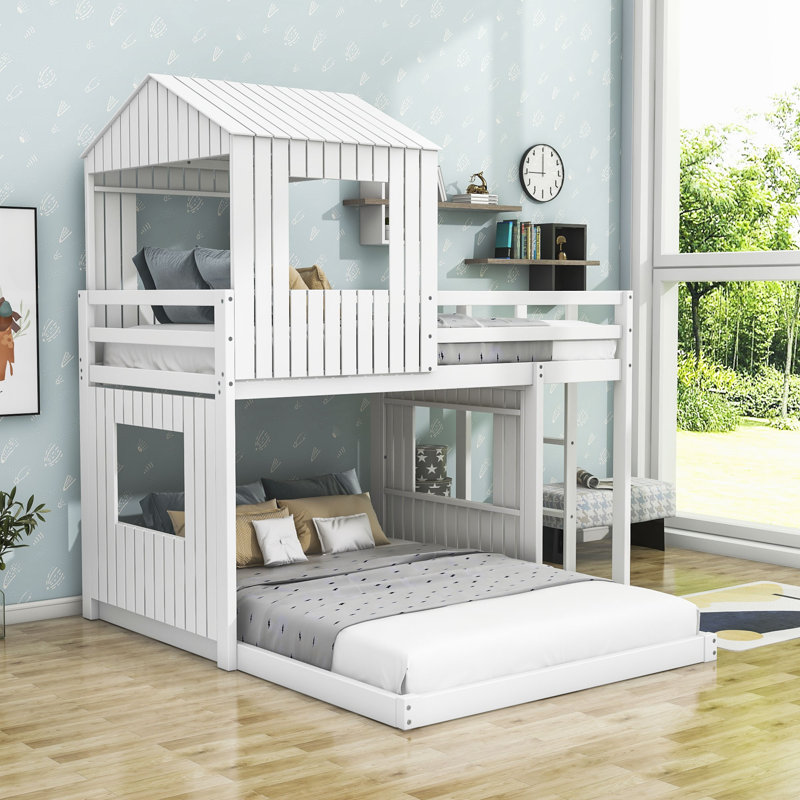 Twin Over Full Wood House Bunk Bed With Window And Ladder Antique Grey